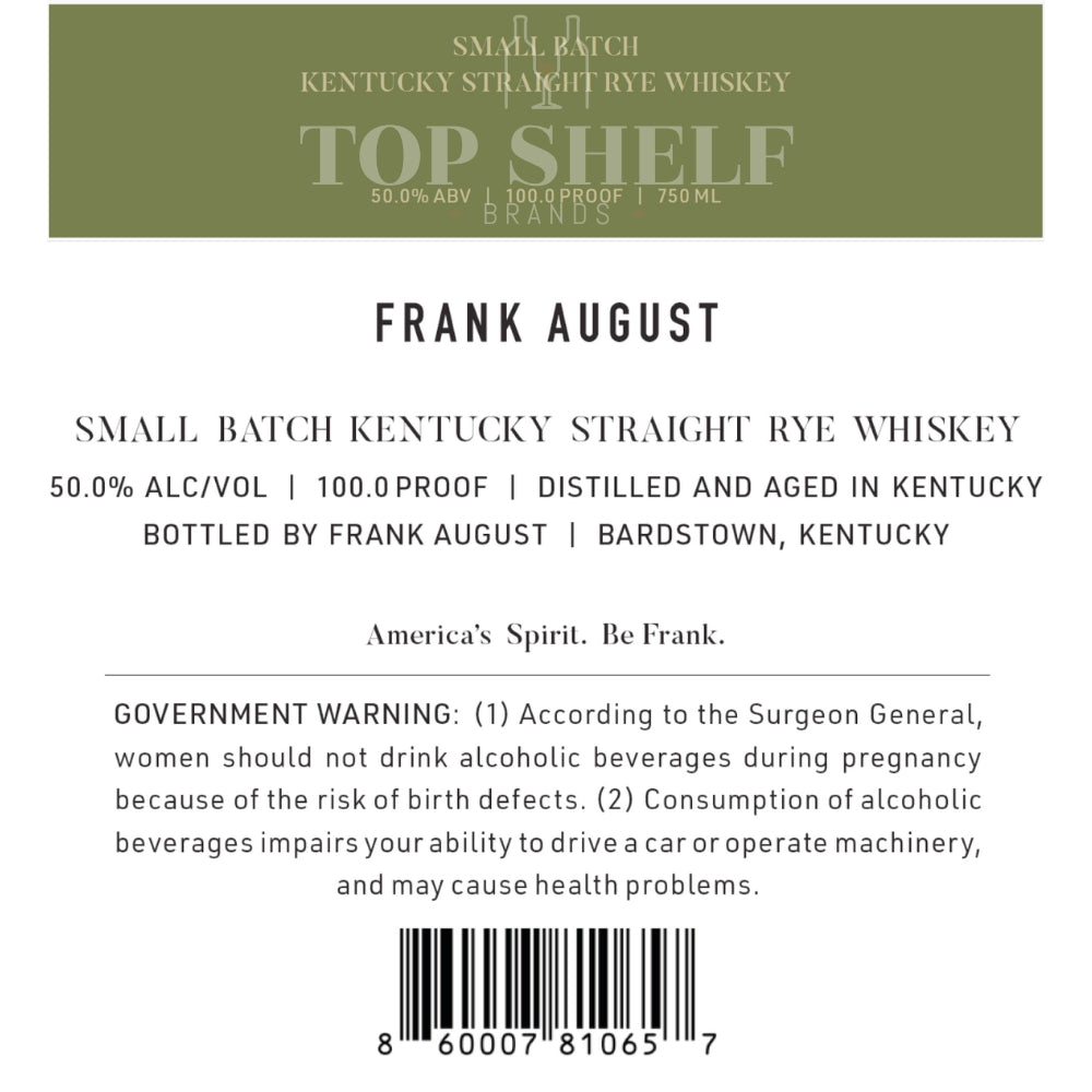 Buy Frank August Small Batch Straight Rye Online - My Bev Store