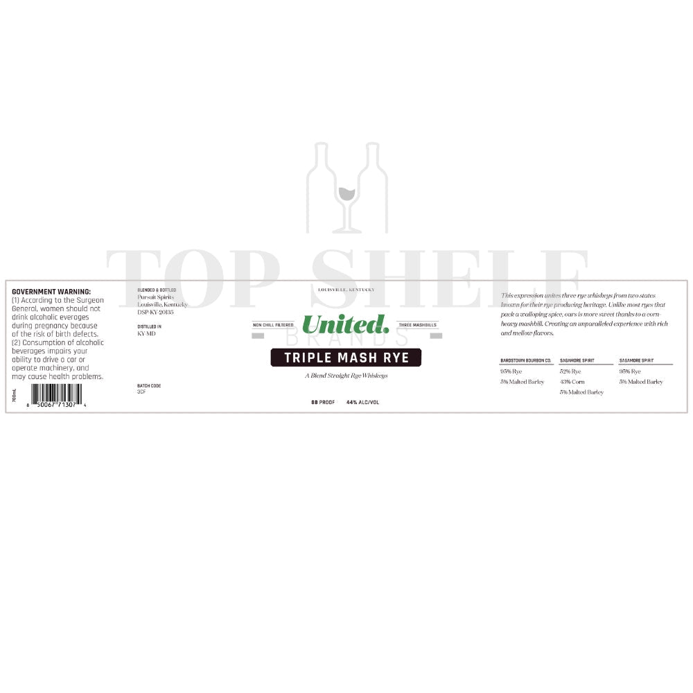 Buy United Triple Mash Straight Rye Whiskey Online - My Bev Store